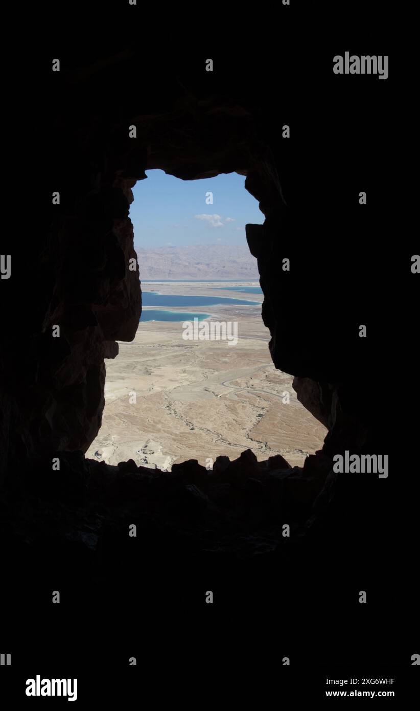 The Dead Sea and the Rift Valley seen through the broken window in the ...