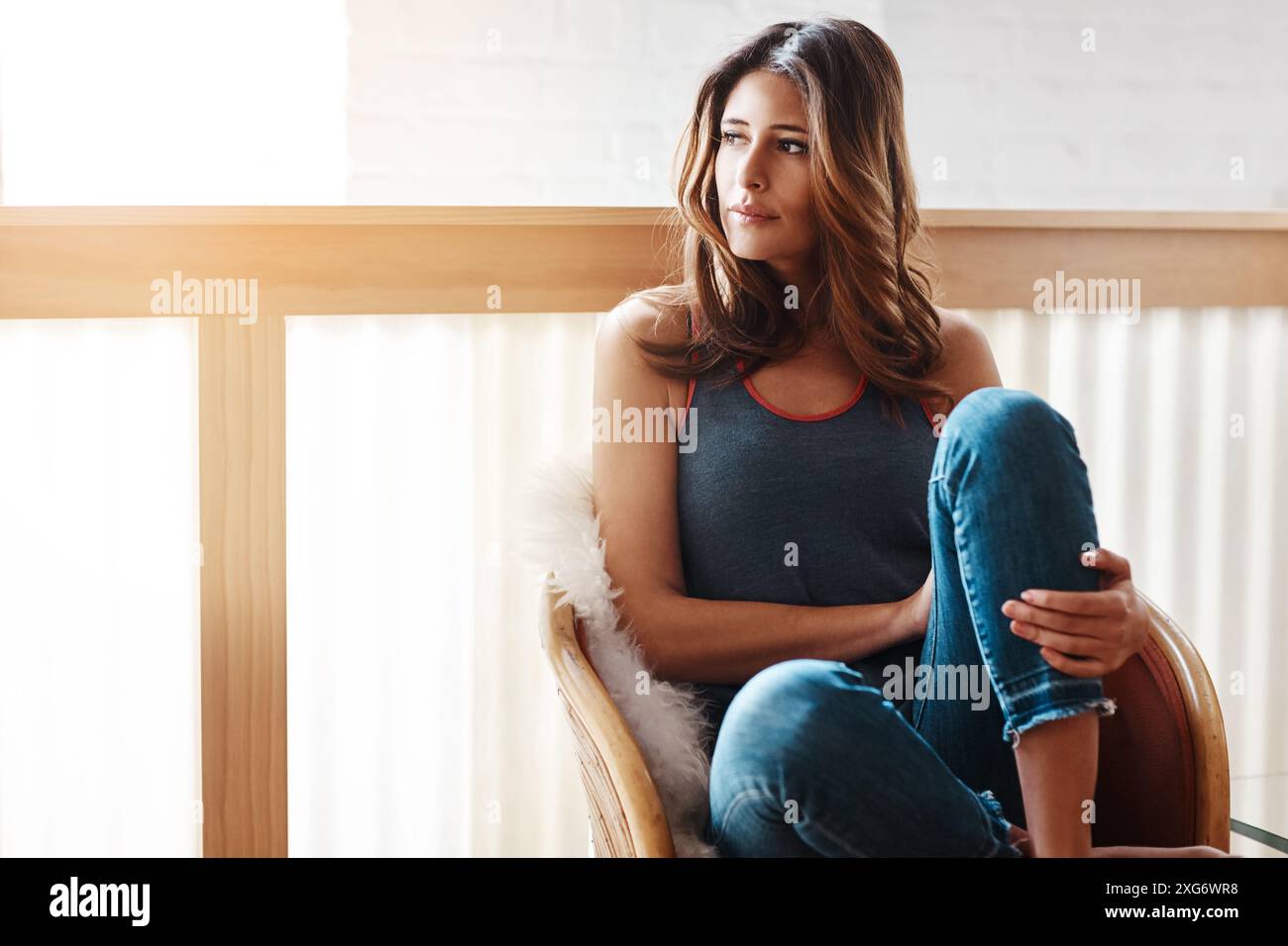 Remember, thinking and girl on chair to relax for nostalgia ...