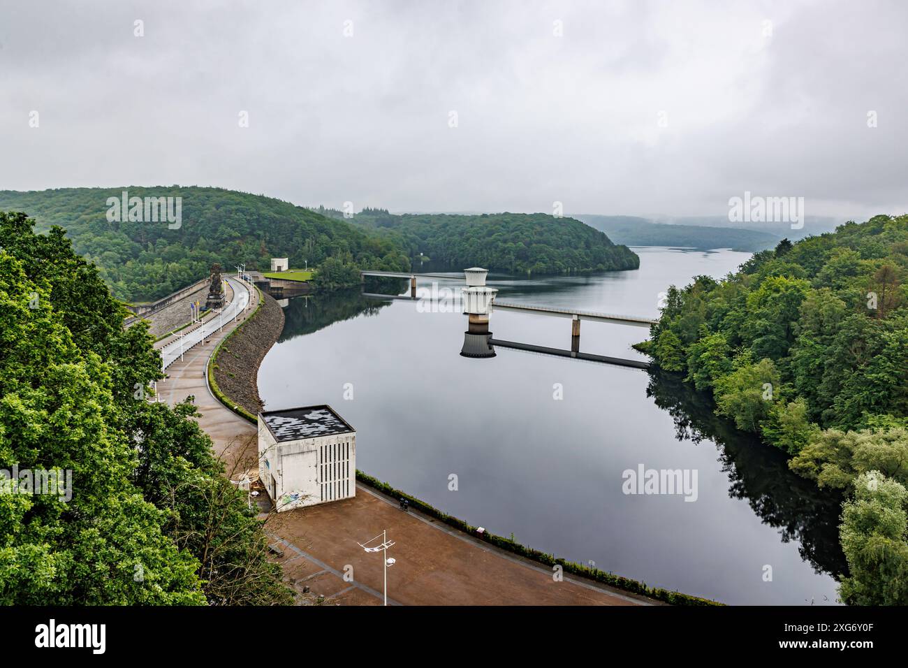 Aerial view of Gileppe Dam, wall with pedestrian path on crest, two ...