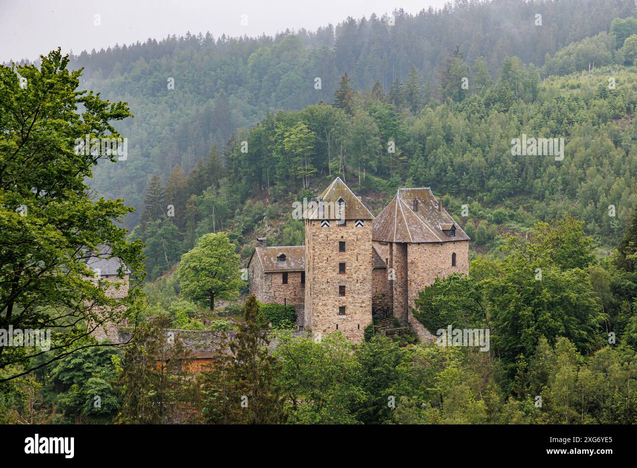 Aerial view of Reinhardstein castle among Warche valley mountains ...