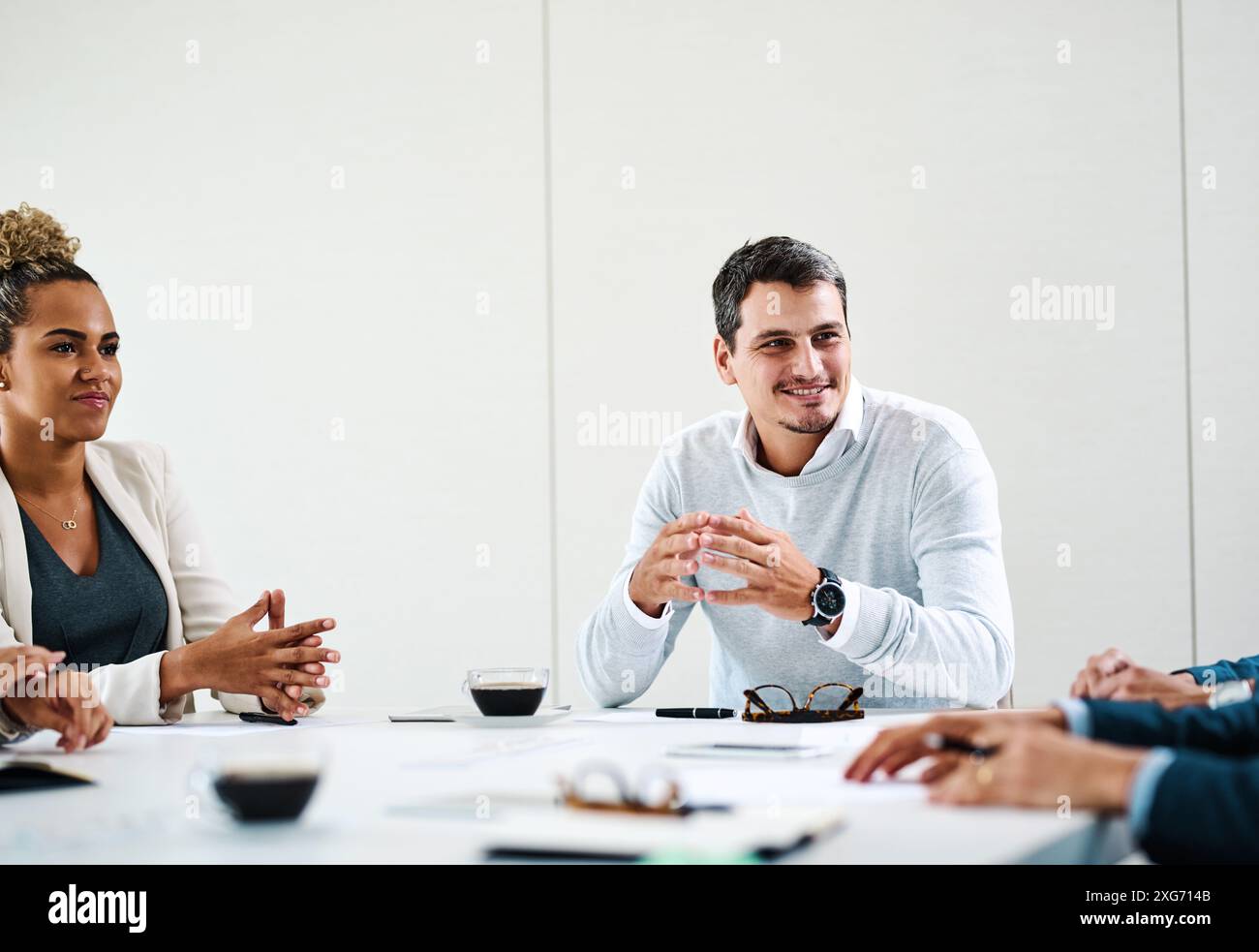 Employees, talking and meeting for sales pitch in office, project and ...
