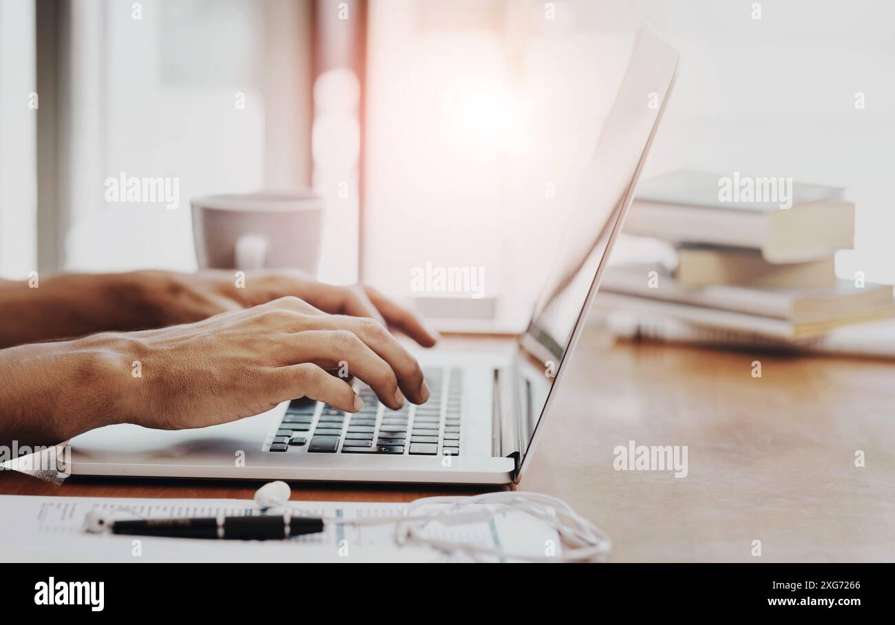 Hands, laptop and typing for remote work from home office with notebook ...