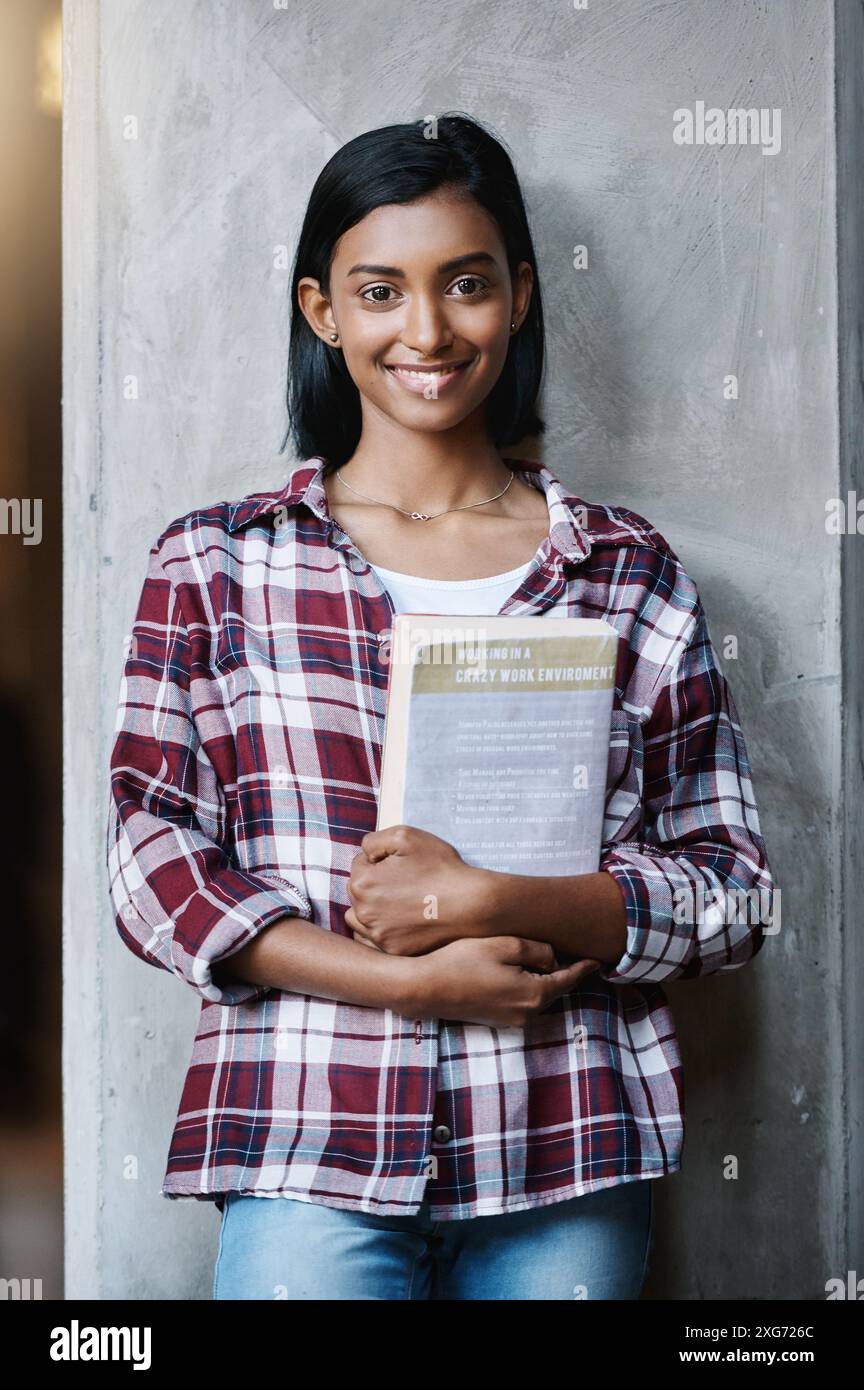 Portrait, Indian girl or confident student in university for dream ...