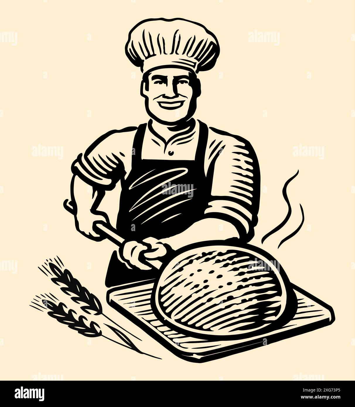 Chef baker holding a wooden shovel with bread. Bakery, fresh baked ...