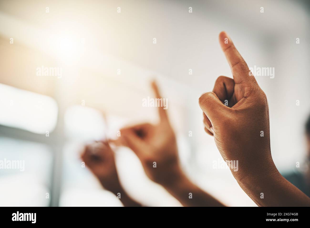 Business people, meeting and finger with question in office for ...