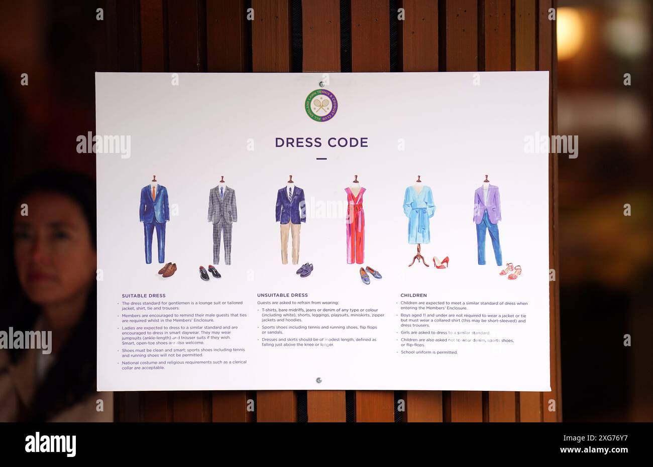 A dress code sign on day seven of the 2024 Wimbledon Championships at ...
