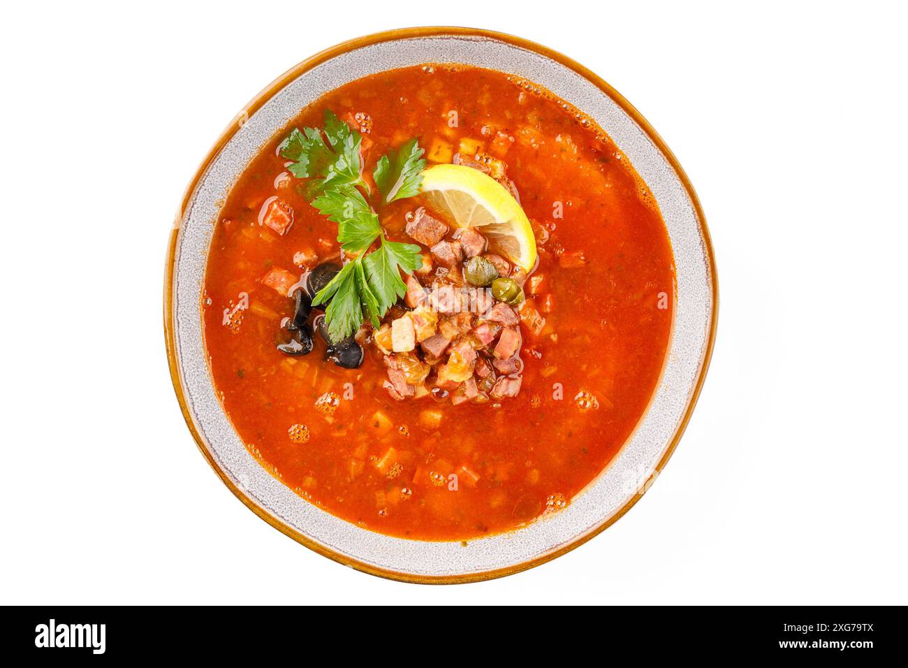 Meat solyanka on a white background studio shooting 3 Stock Photo - Alamy