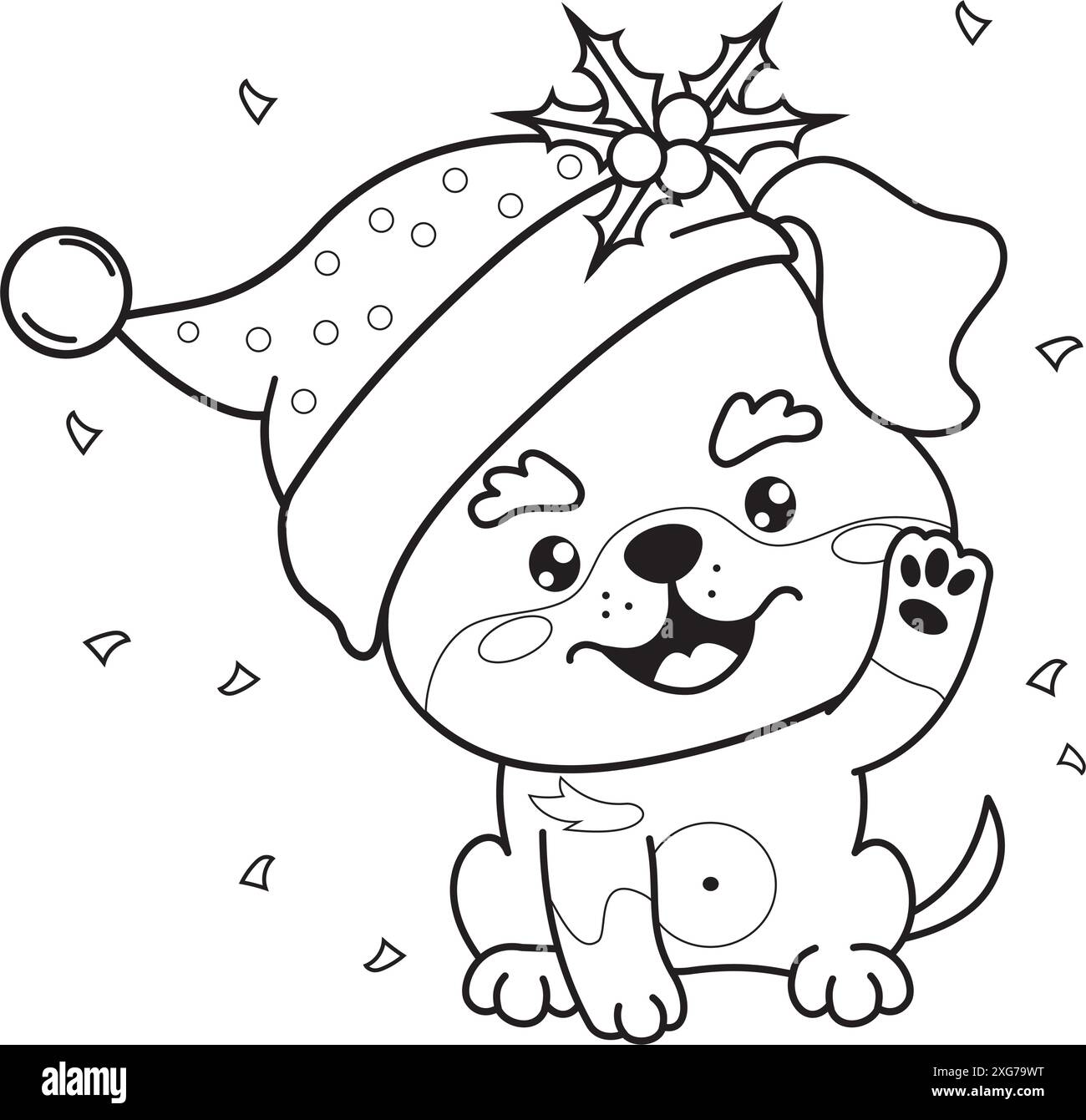 Cute Christmas dog in Santa hat with holly. Holiday outline cartoon ...