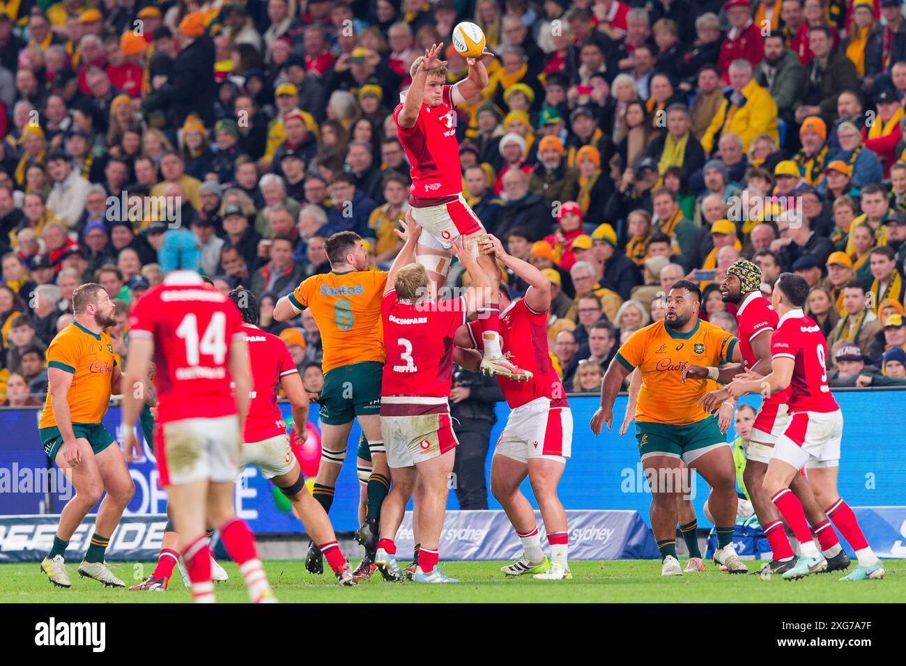 Taine Plumtree of Wales wins the lineout ball during the Men's Rugby ...