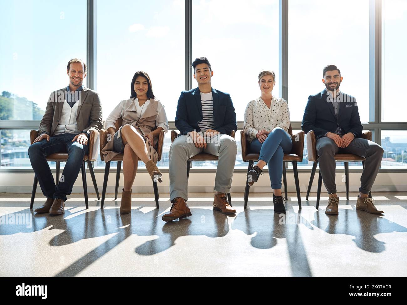 Portrait, people and waiting room for interview in workplace, we are ...