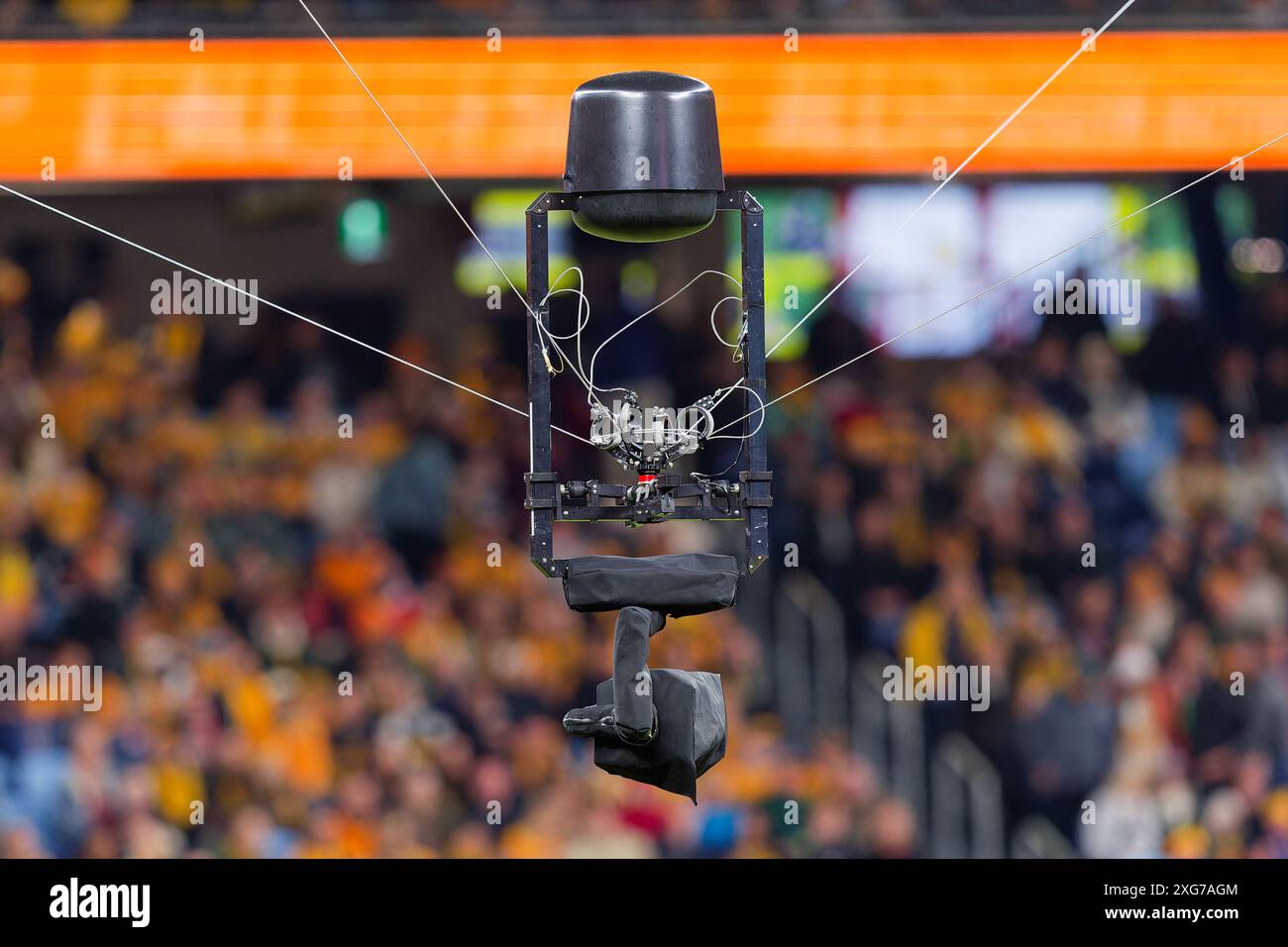 A Spider Cam camera suspended by wires in action during the Men's Rugby ...