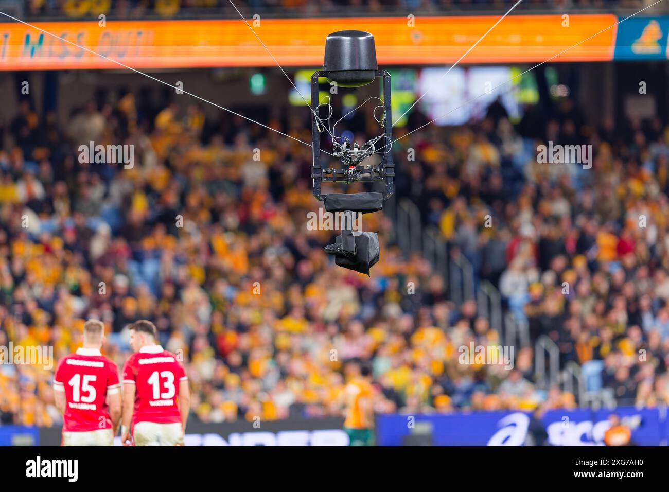 A Spider Cam camera suspended by wires in action during the Men's Rugby ...