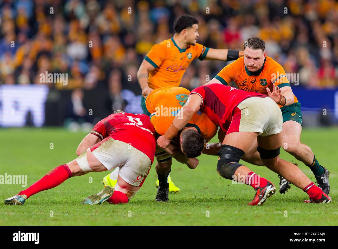 Liam Wright of Australia is tackled during the Men's Rugby ...