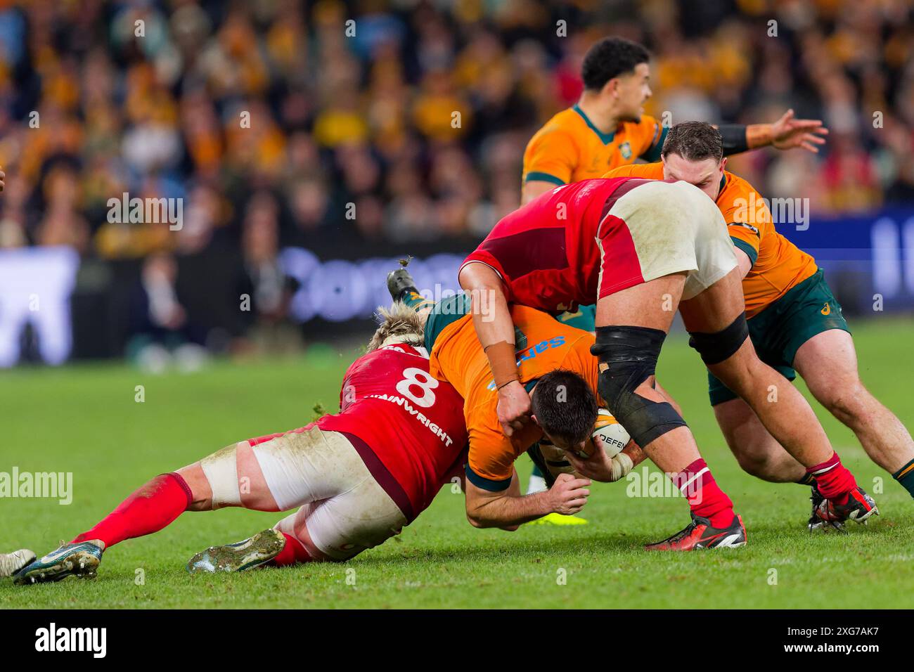 Liam Wright of Australia is tackled during the Men's Rugby ...