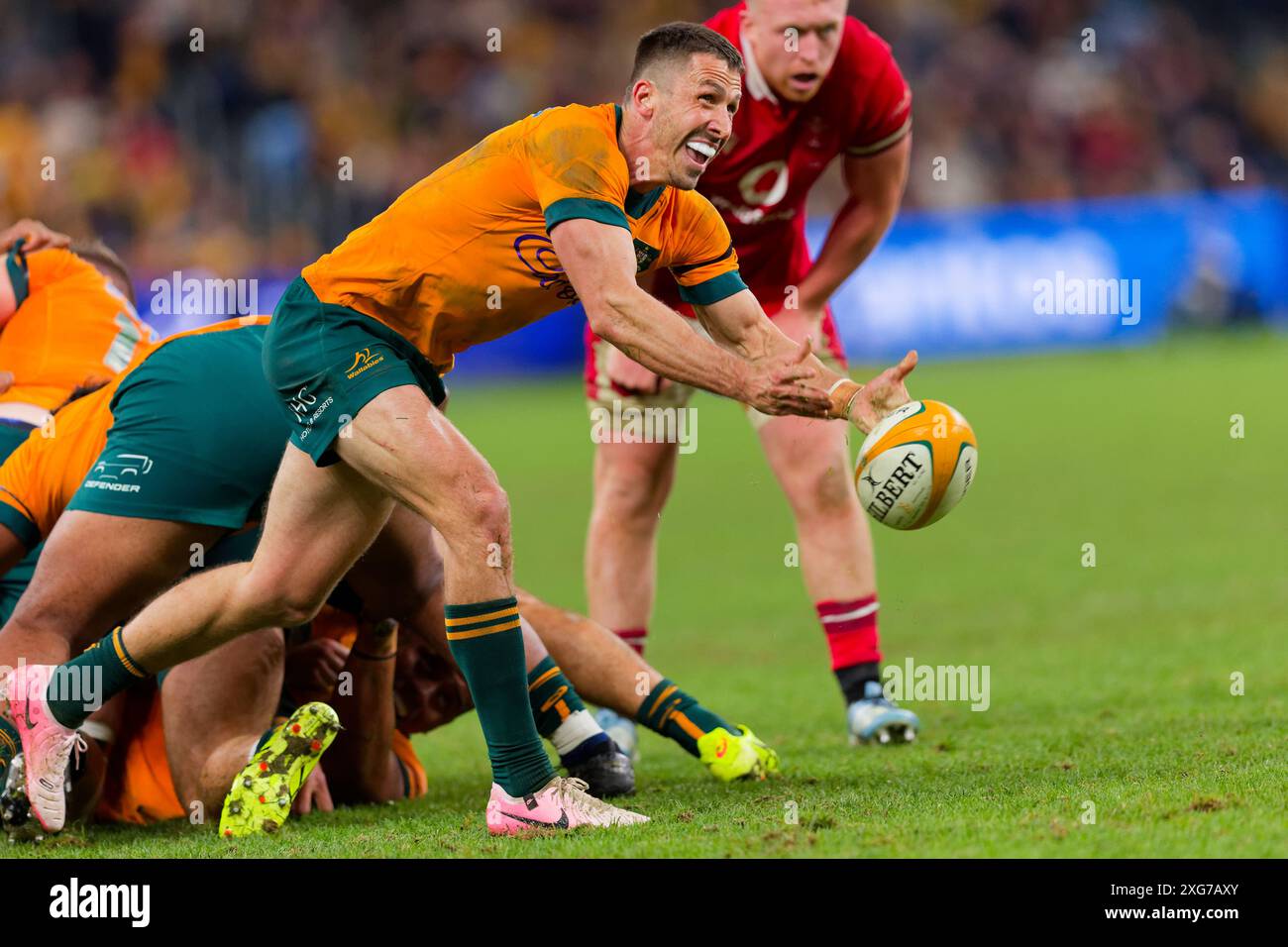 Jake Gordon of Australia passes the ball during the Men's Rugby ...