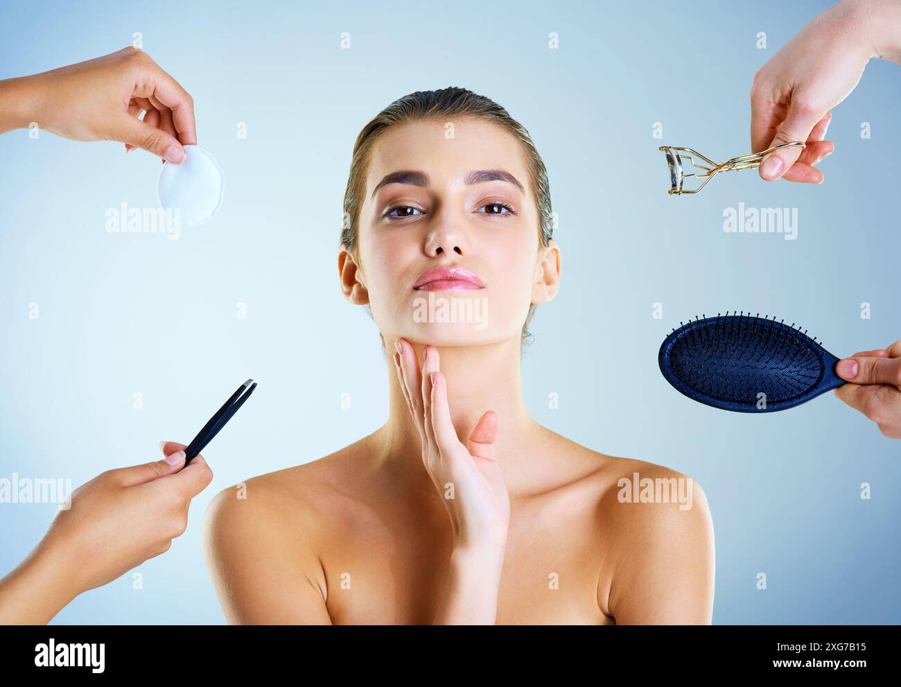 Portrait, beauty tools and woman in studio, salon and equipment for ...