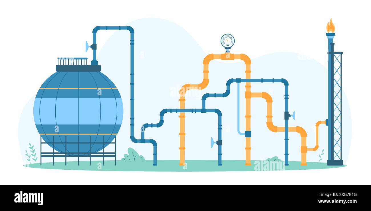Gas industry concept featuring interconnected pipes, a storage tank ...