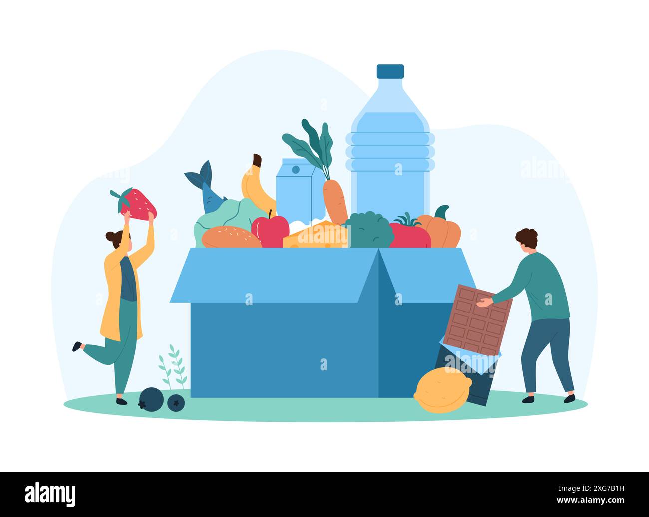 Tiny characters placing various food items into a large donation box ...