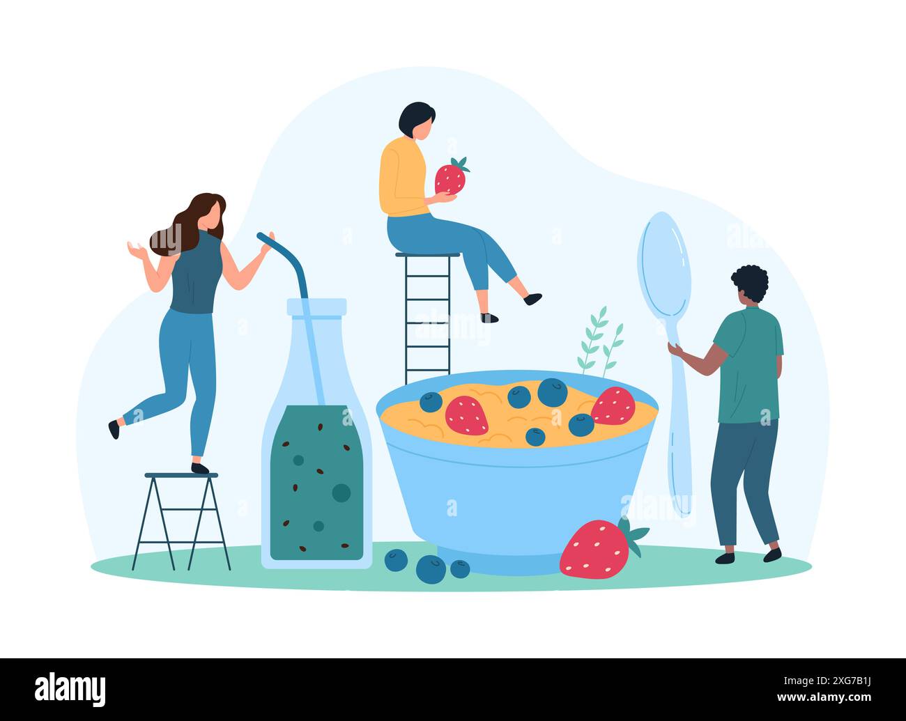 Healthy oatmeal breakfast food and drink. Tiny people holding spoon to ...