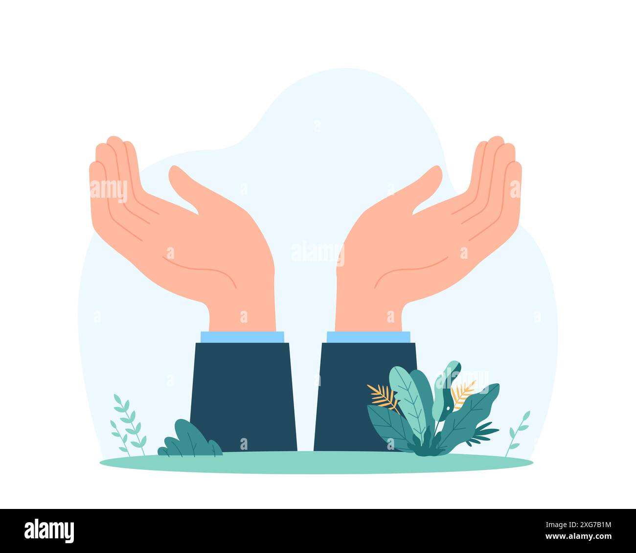 Two raised hands in a supportive gesture surrounded by small plants ...