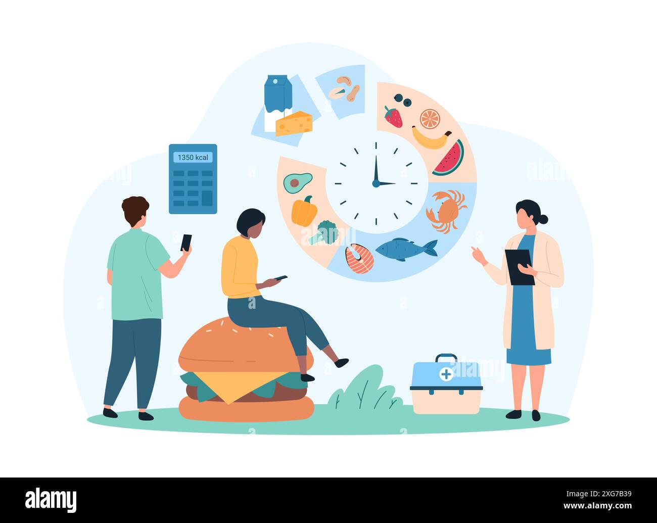 Diet planning, meal schedule and nutrients during day. Tiny people ...