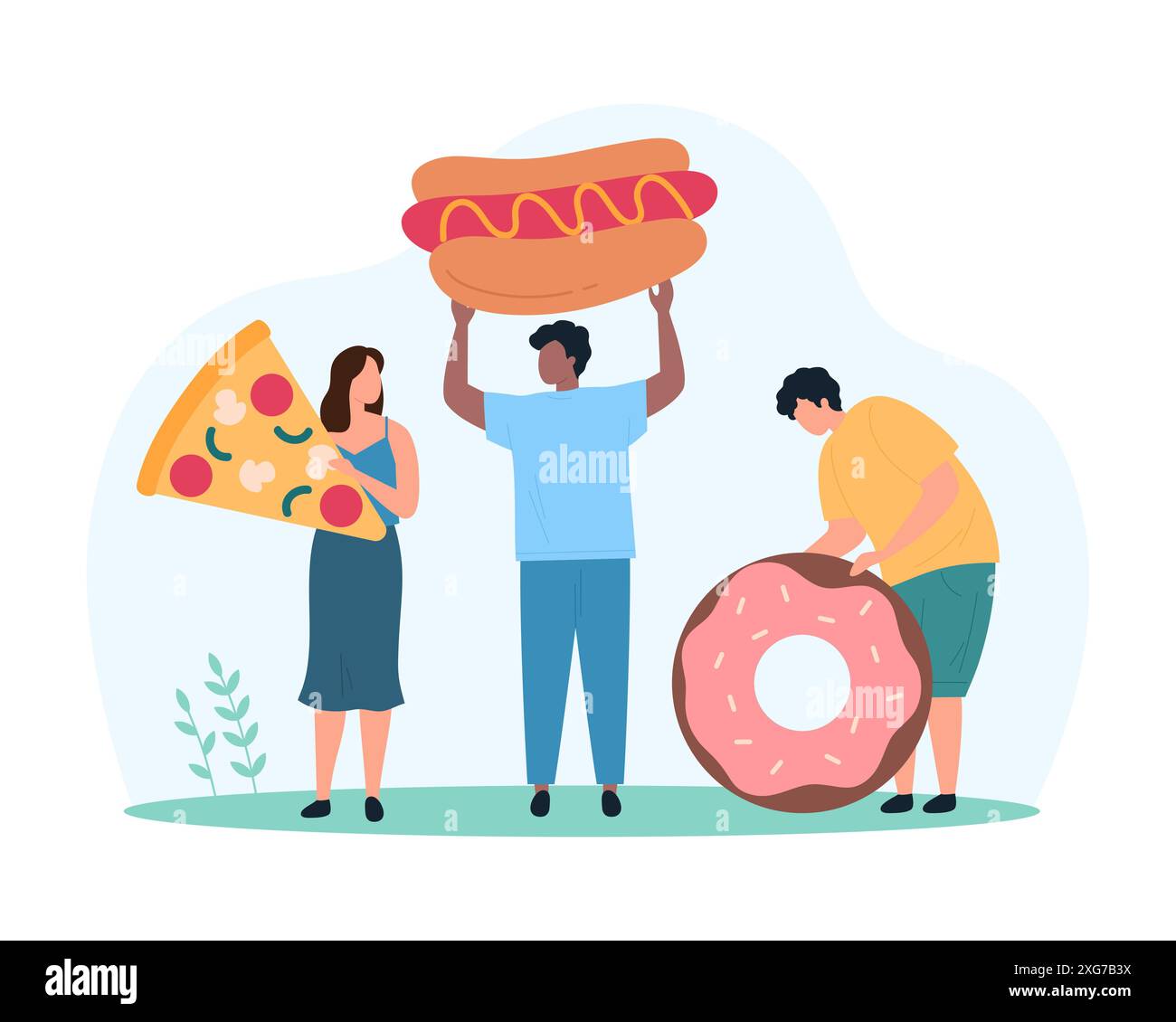 Fast food eating, street food market or foodie festival. Tiny people ...