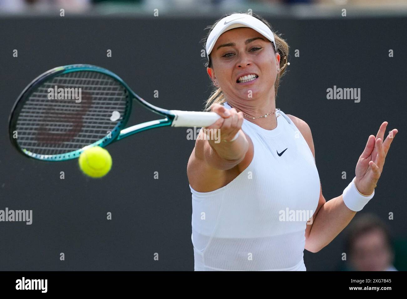 Paula Badosa of Spain plays a forehand return to Donna Vekic of Croatia ...