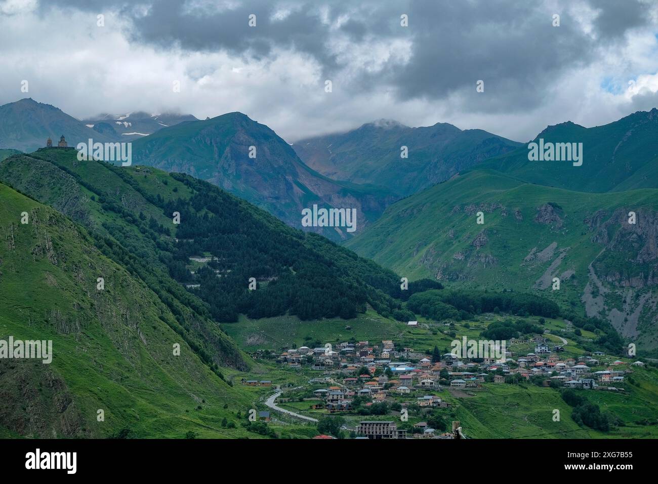Stepantsminda, Georgia - July 1, 2024: Landscape with the Gergeti ...