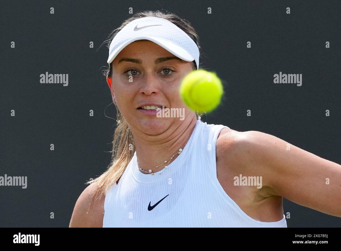 Paula Badosa of Spain plays a forehand return to Donna Vekic of Croatia ...