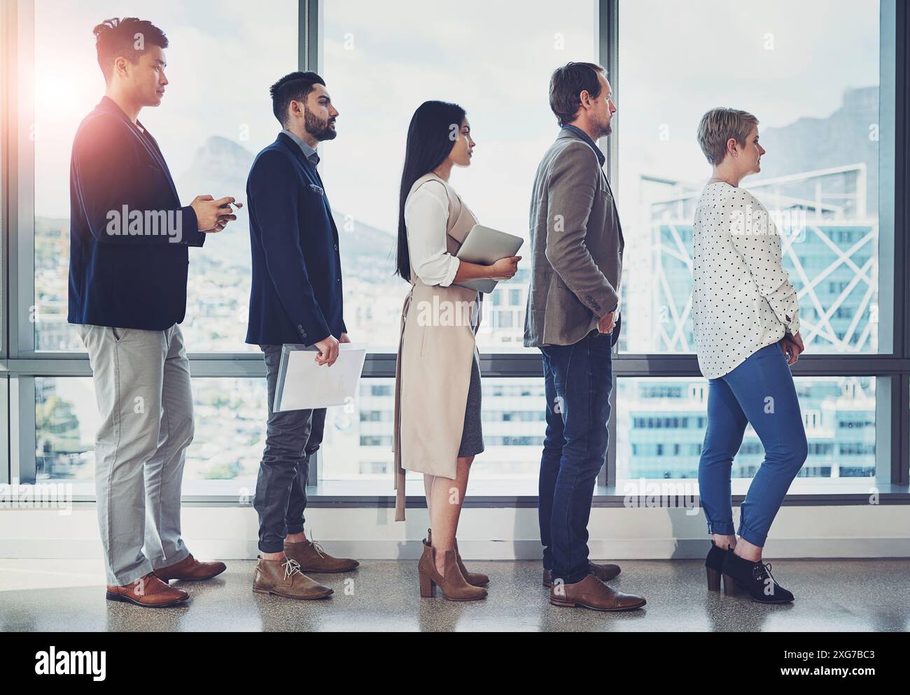 Waiting line, people and hiring with profile, recruitment and casting ...