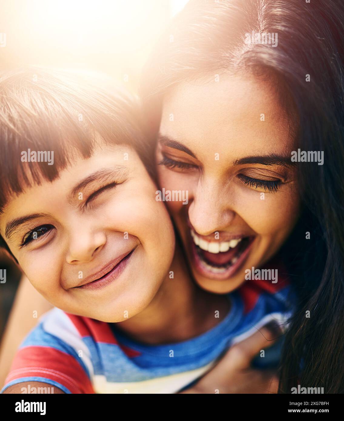 Smile, selfie and portrait of kid with mom laughing, bonding and happy ...