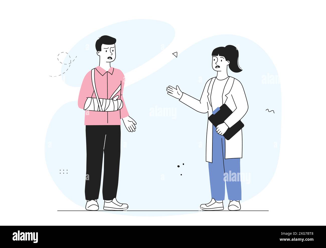 Man with broken arm. Doctor with patient with bandaged hand. Young guy ...