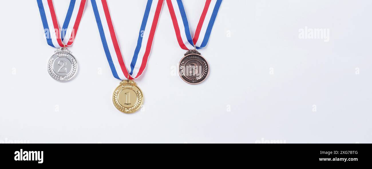 Gold silver and bronze demonstration trophy medals with ribbon for ...
