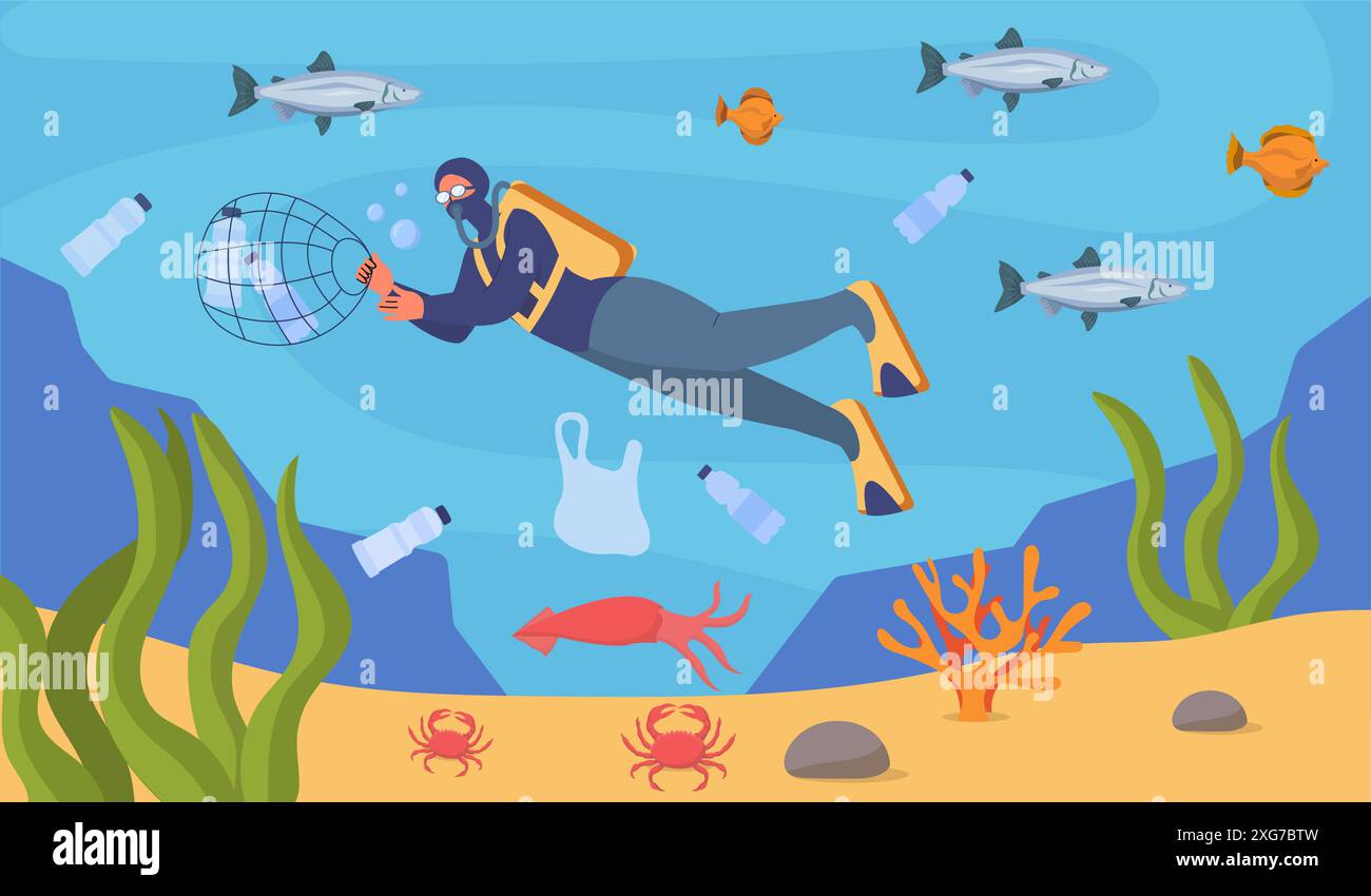 Diver cleans sea. Man in diving suit explores seabed and clears plastic ...
