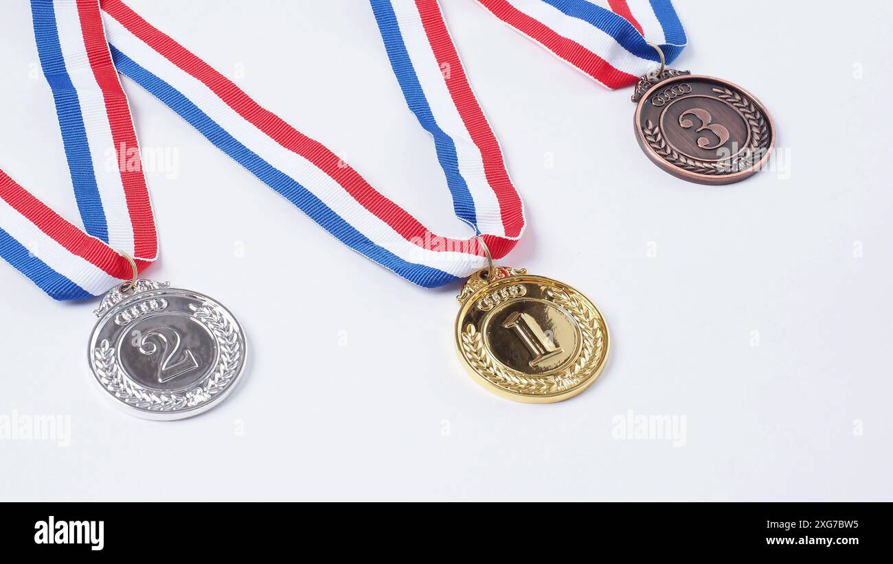 Gold silver and bronze demonstration trophy medals with ribbon for ...