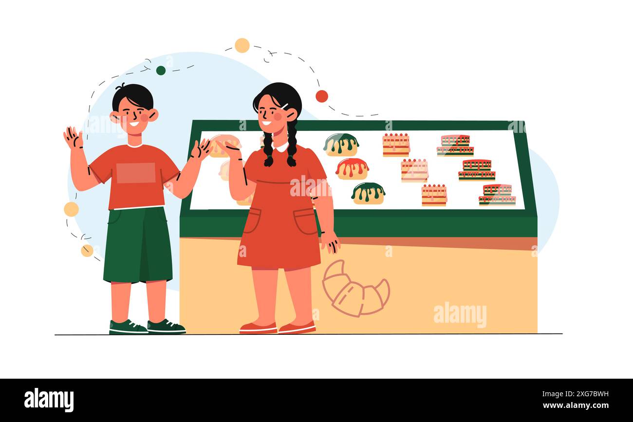 Kids in bakery concept. Boy and girl standing near counter with donuts ...