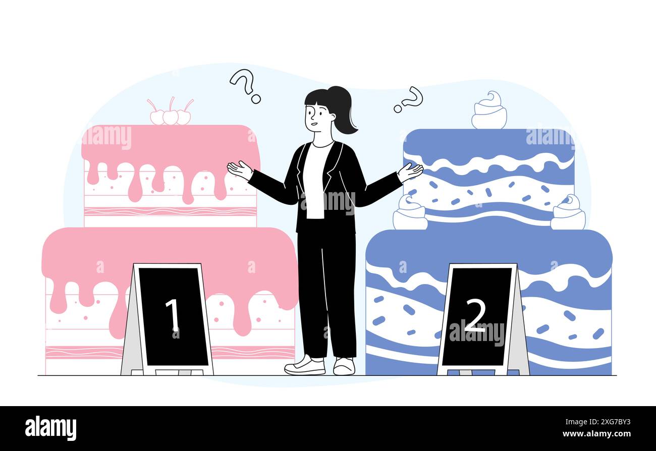 Woman choose cake. Young girl with dessert and delicacy. Character ...