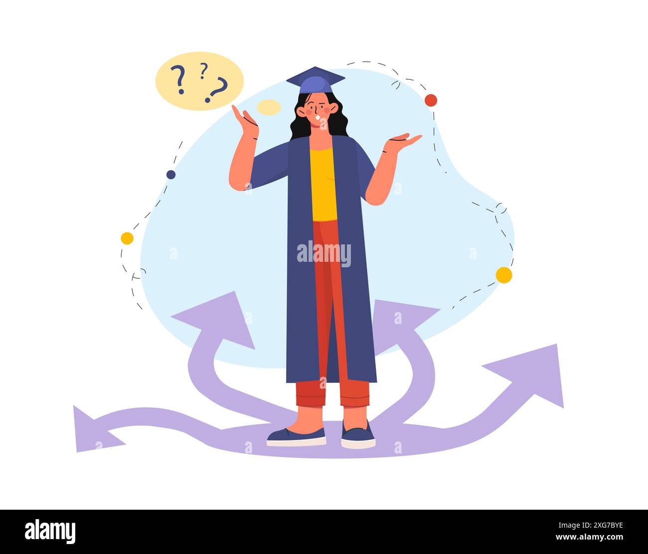 Confused graduate woman. Young girl in graduates cap and gown. Aspiring ...