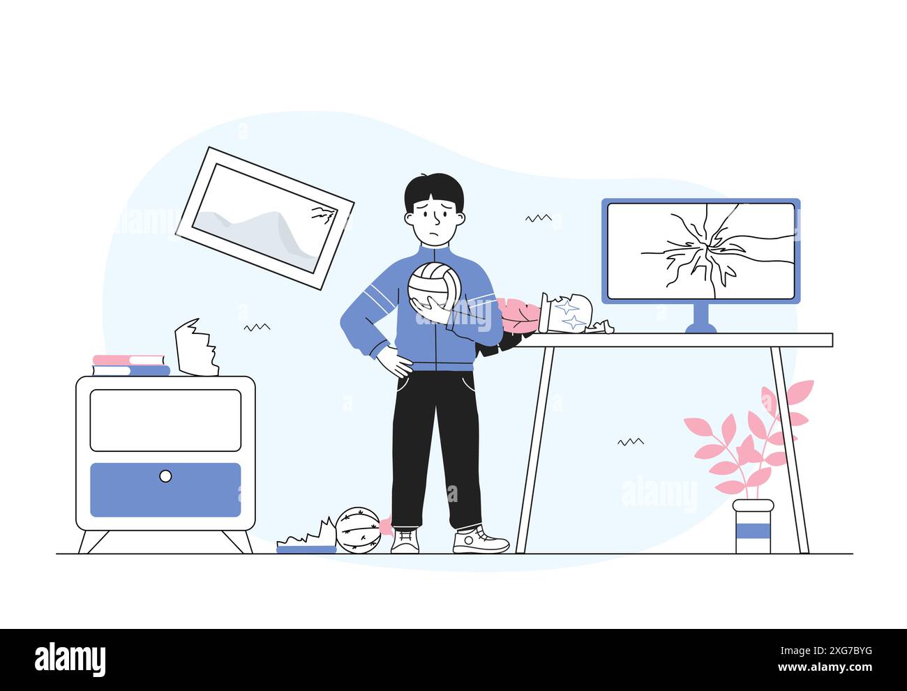 Boy broke things. Schoolboy with ball stands in room with broken things ...