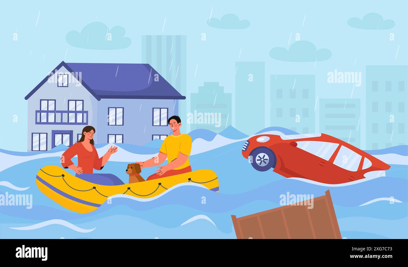 People in flood. Man and woman with dog floating on inflatable boat ...