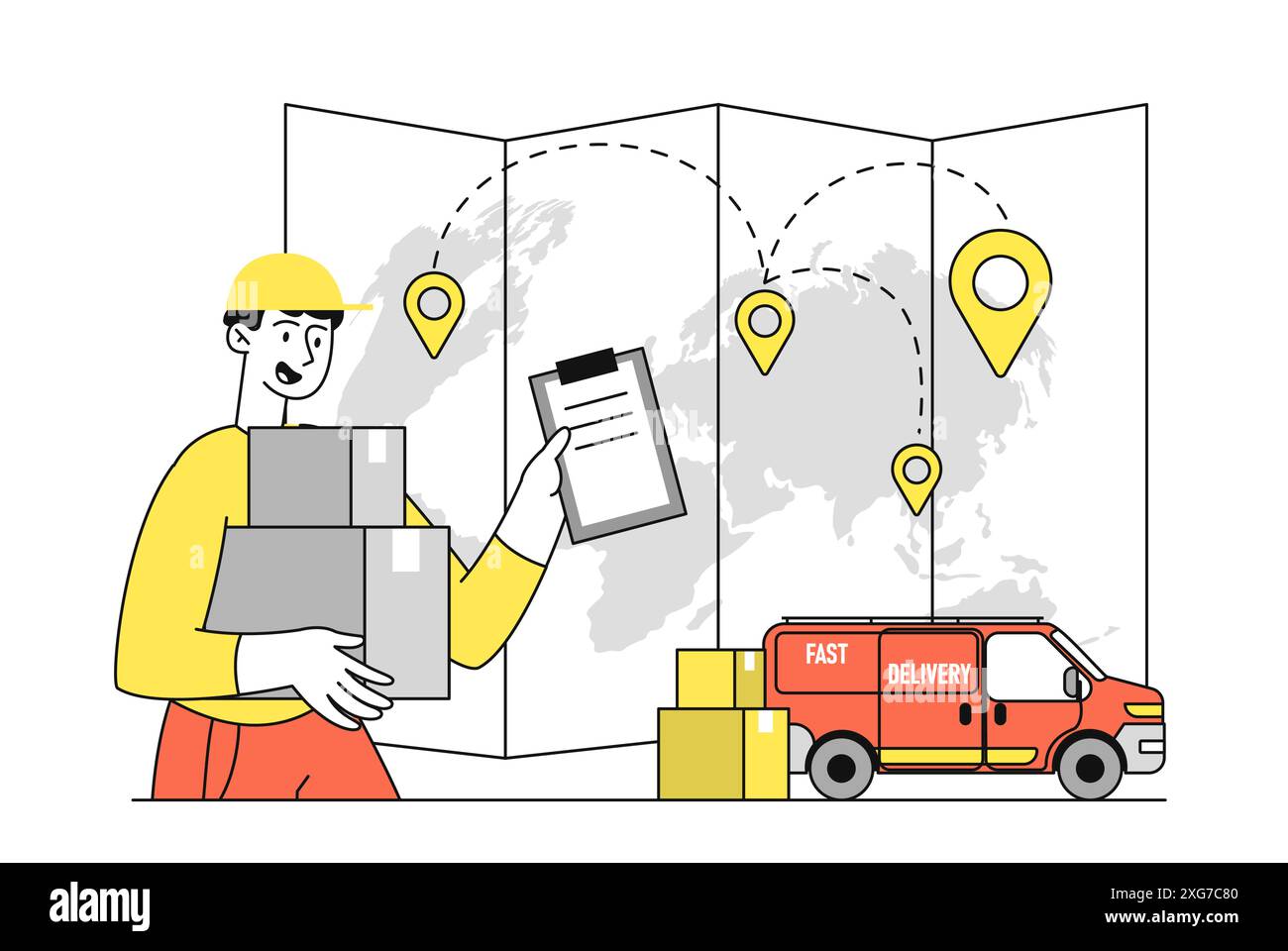 International shipment concept. Man with cardboard boxes on map ...