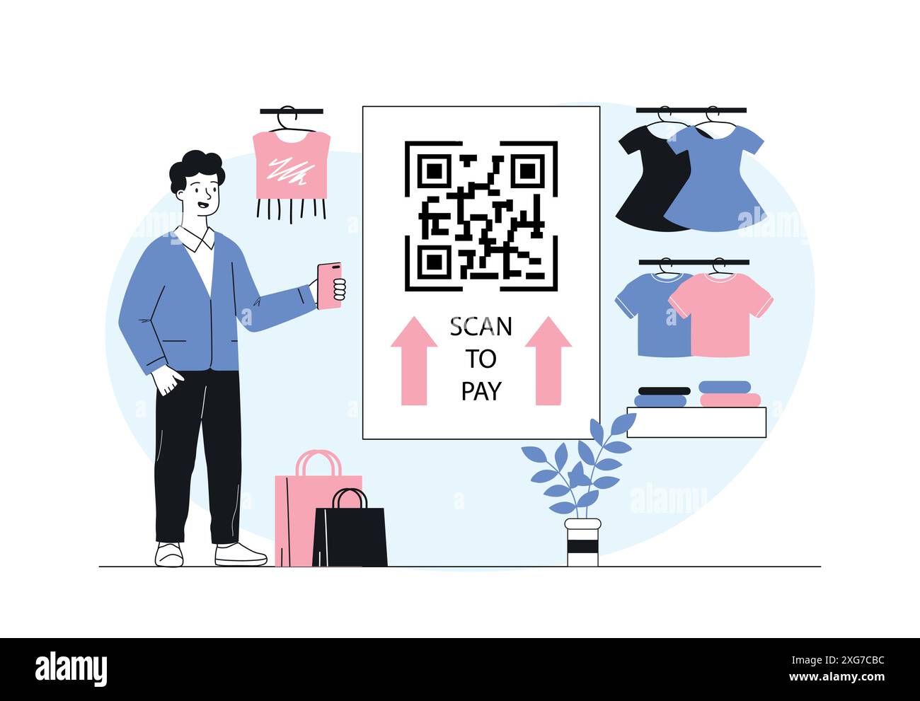 Scan QR code to pay. Man with smartphone scans shortened link. Cashless transfers and ...