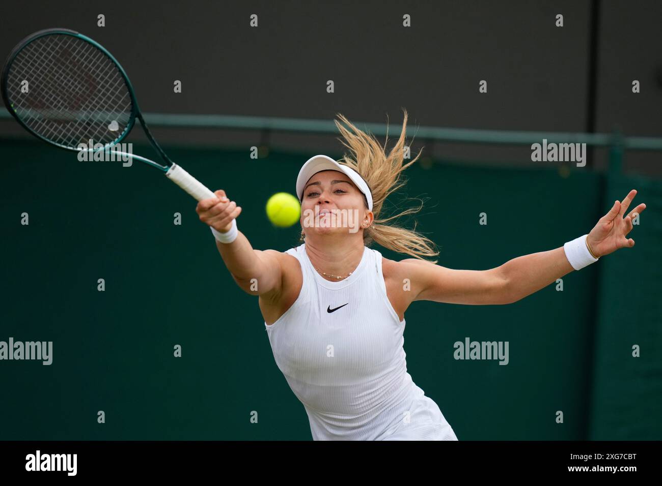 Paula Badosa of Spain plays a forehand return to Donna Vekic of Croatia ...