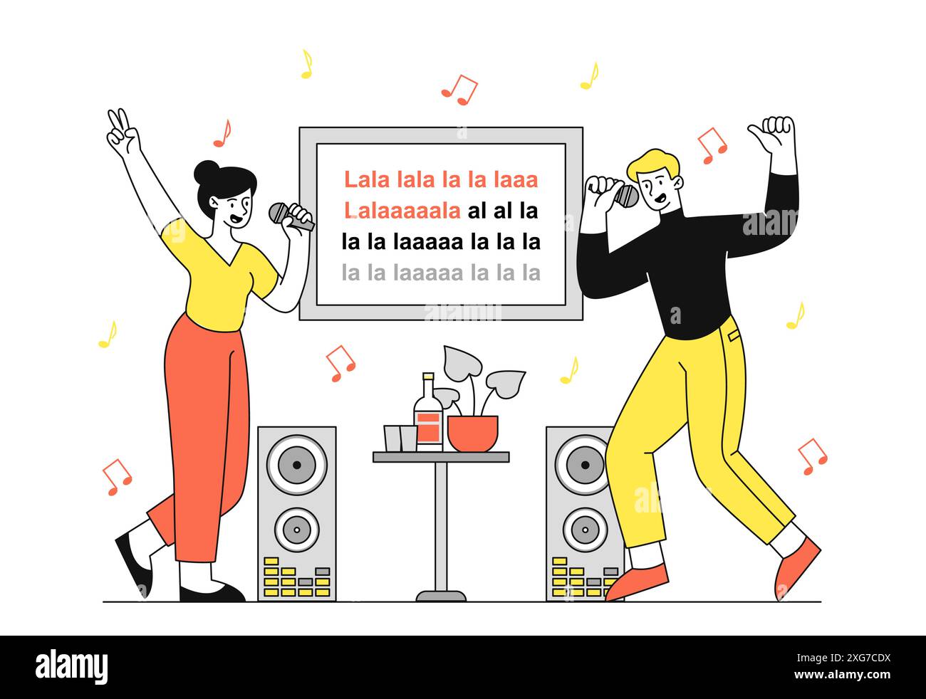 People in karaoke. Man and woman sing next to slide with text. Rest and ...