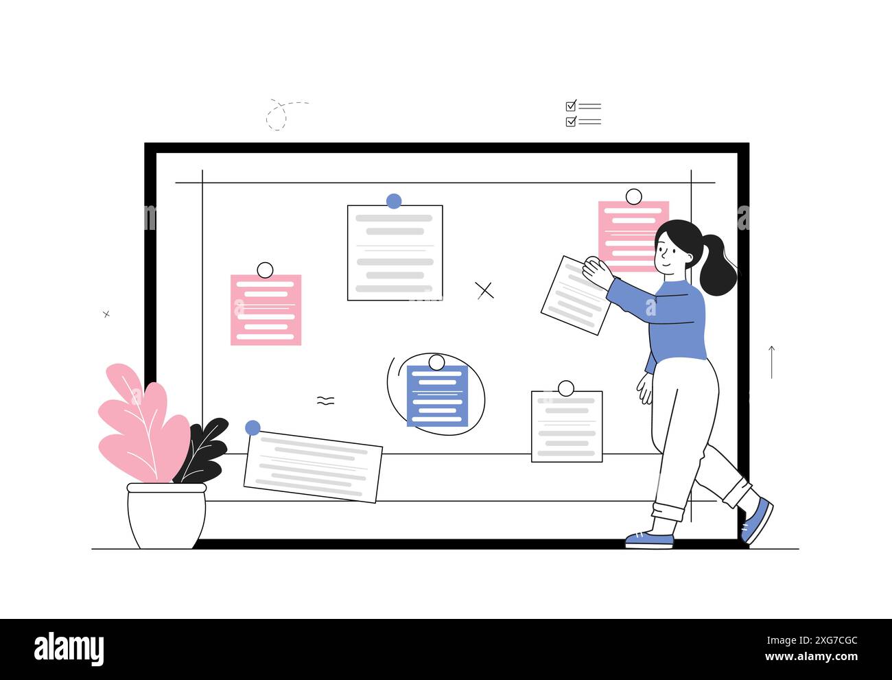 Woman with scrum board. Girl near list of goals and tasks. Organizing ...