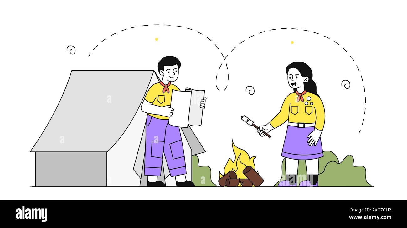 Scouts kids with tent. Boy and girl make fire in forest. Active ...