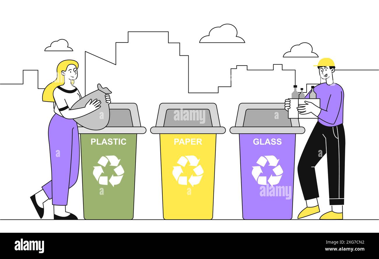 Waste processing people. Man and woman near multicolored containers for ...