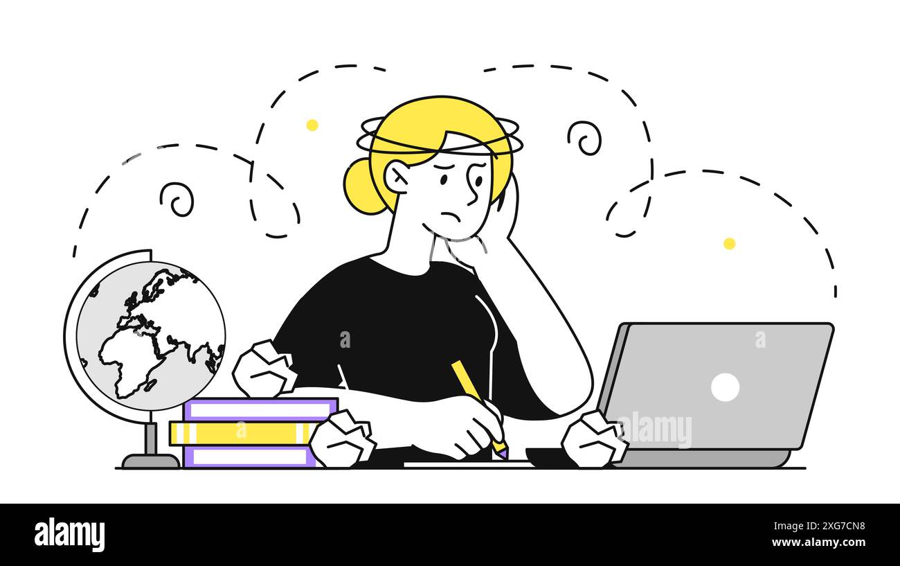 Student stress concept. Woman sits at laptop and does her homework ...