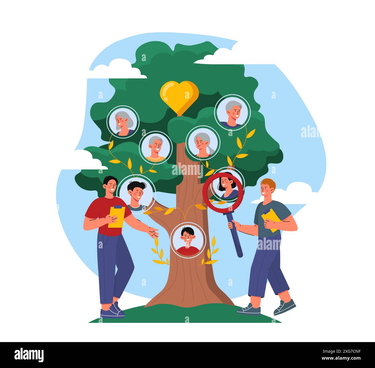 People studying genealogical tree. Two men with magnifying glass study ...