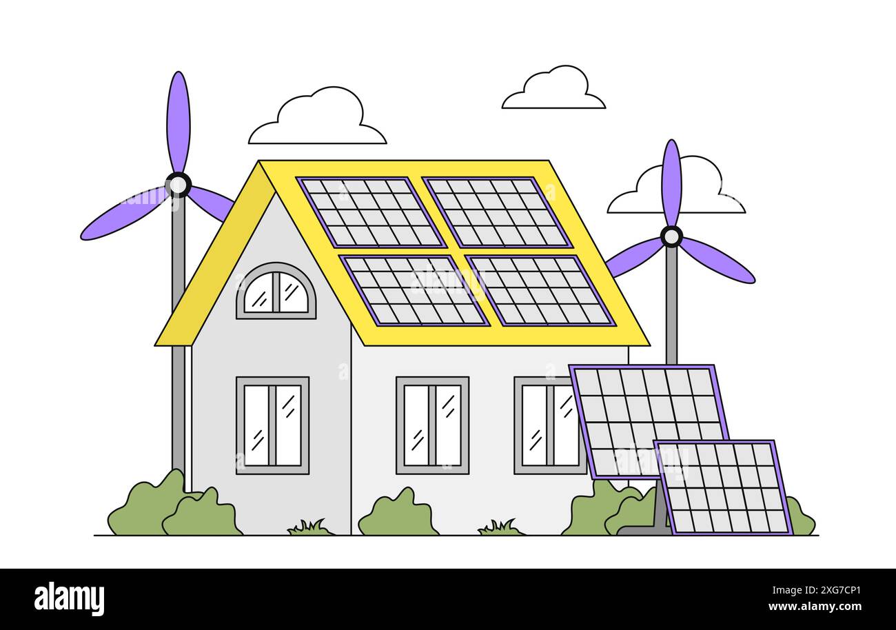 Solar energy building. House with solar panels and windmill. Reducing ...